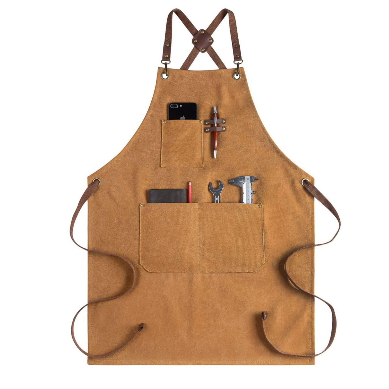 CONTAIL Heavy Duty Cotton Canvas Chef Apron Brown Adjustable Cross Back ...