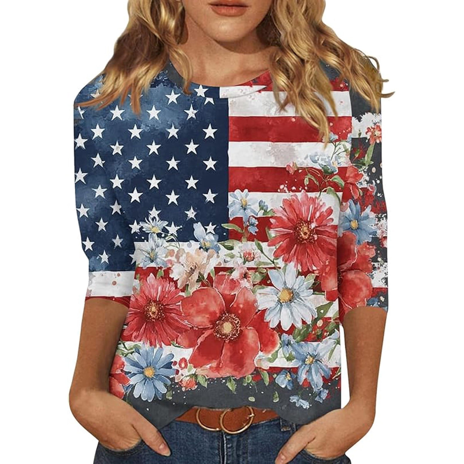 CONZONE 250Th Anniversary Usa Womens Summer Tops 3/4 Sleeve Star ...