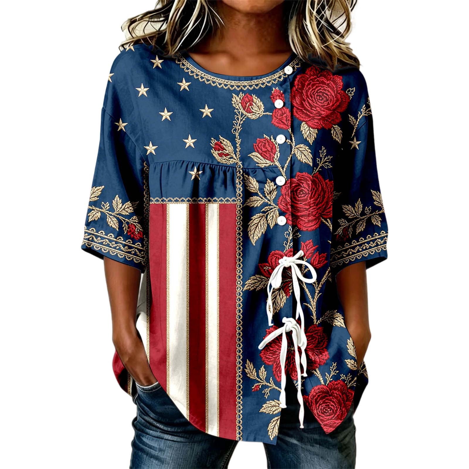 CONZONE 250Th Anniversary Womens Summer Tops 3/4 Sleeve Floral Star ...