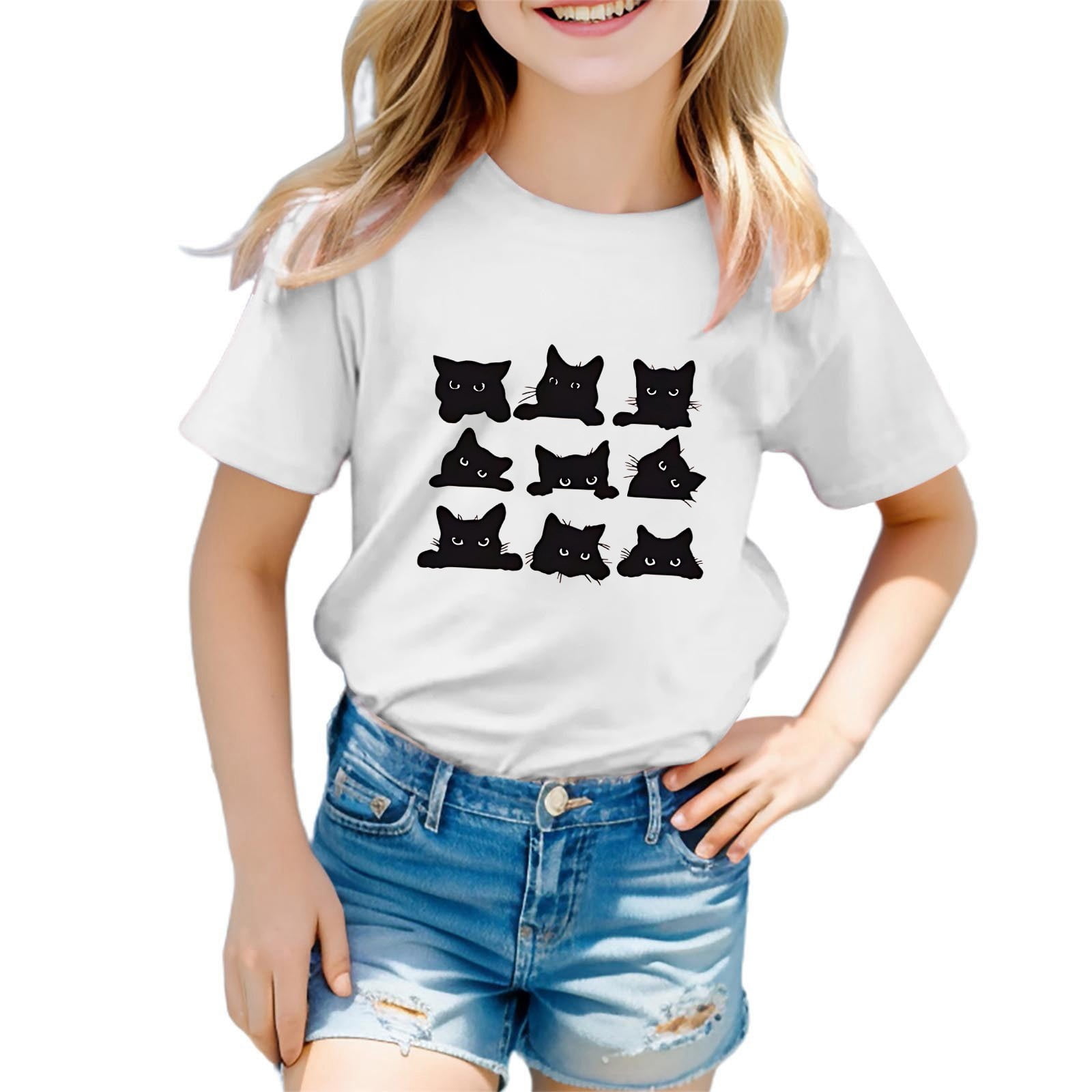 CONZONE Baby Girls Short Sleeve T-Shirts Cartoon Cat Graphic Tee Shirt ...