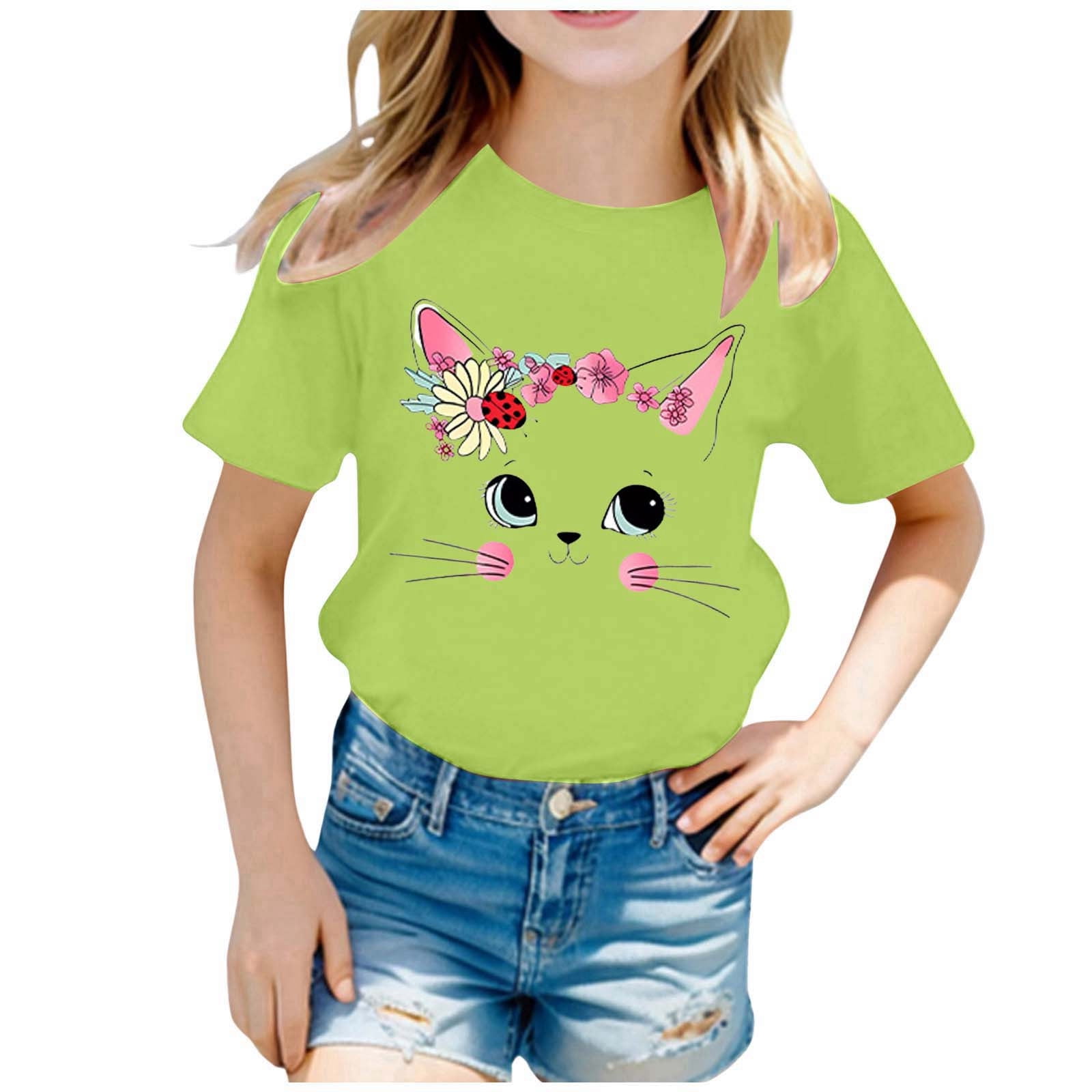 CONZONE Baby Girls Short Sleeve T-Shirts Cartoon Cat Graphic Tee Shirt ...