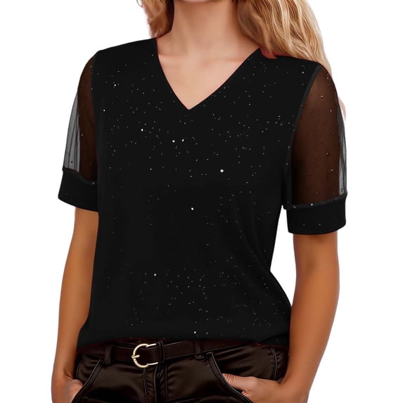 CONZONE Carnival Women's Sequins T-Shirts Short Sleeve Mesh T-Shirts ...