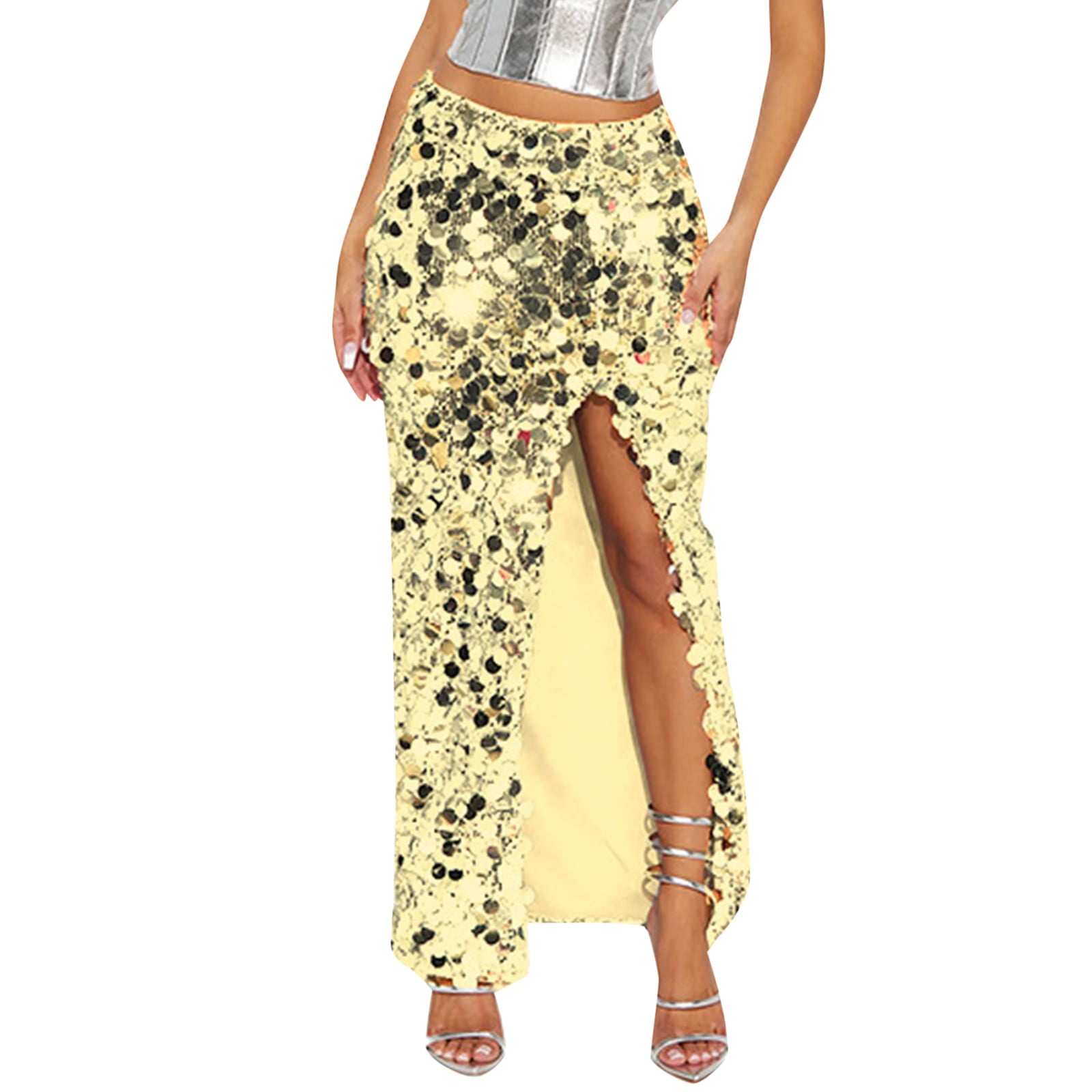 CONZONE Carnival Womens Sequins Maxi Skirt Glitter Sparkly Low Waist ...