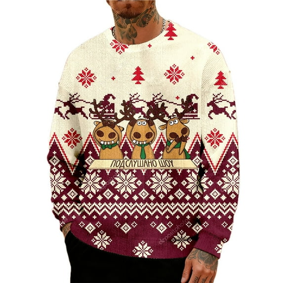 CONZONE Christmas Mens Sweatshirts Knit Crewneck Sweatshirt for Men ...