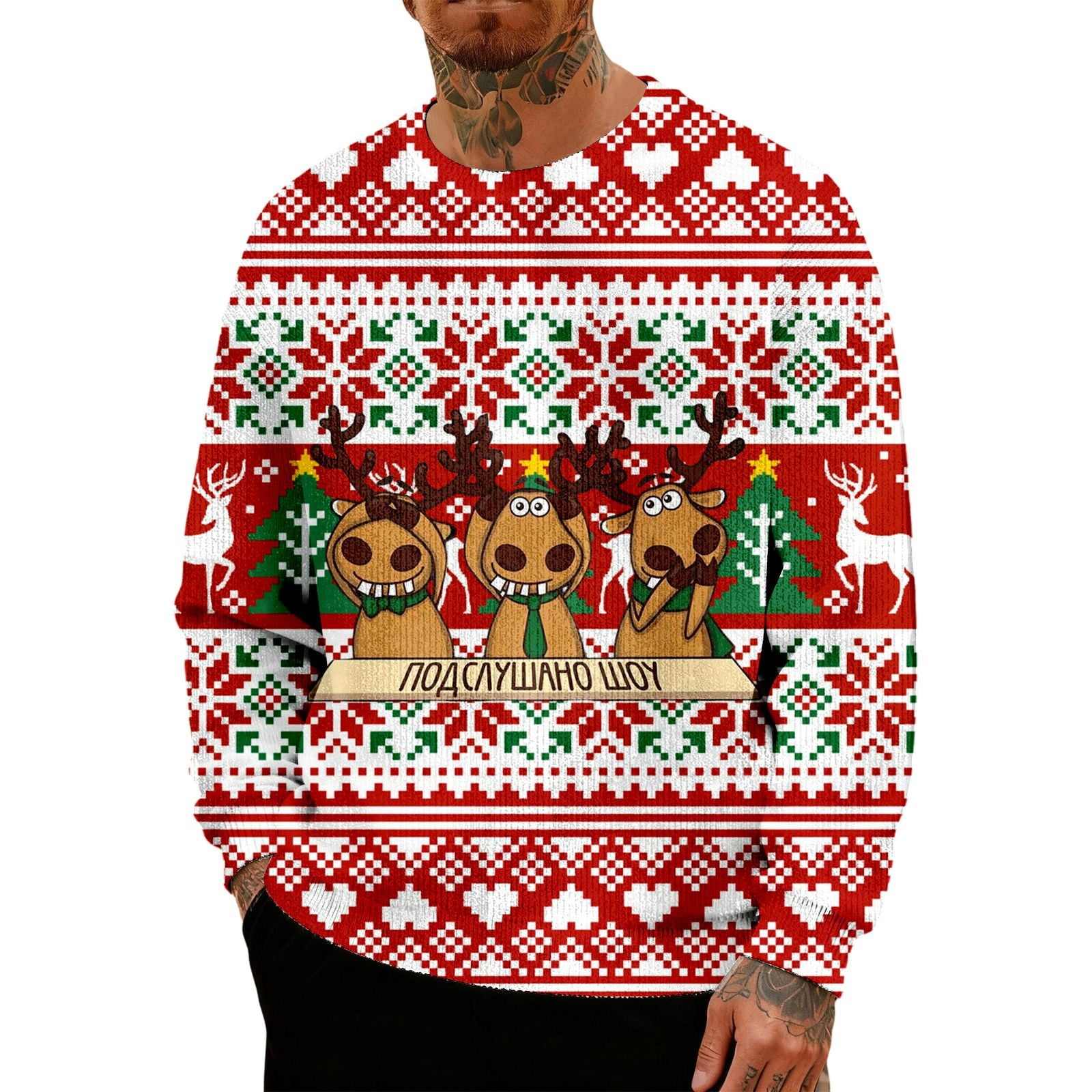 CONZONE Christmas Mens Sweatshirts Knit Crewneck Sweatshirt for Men Ribbed Xmas Deer Graphic ...
