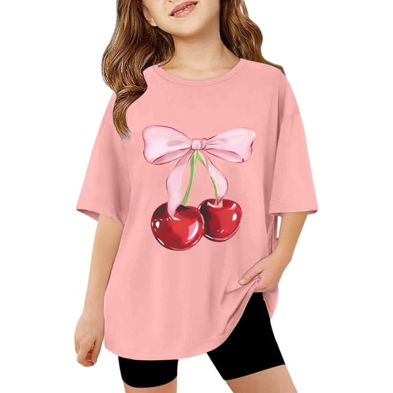 CONZONE Girls Summer Tops Short Sleeve Bow Cherry Graphic Tshirts For ...