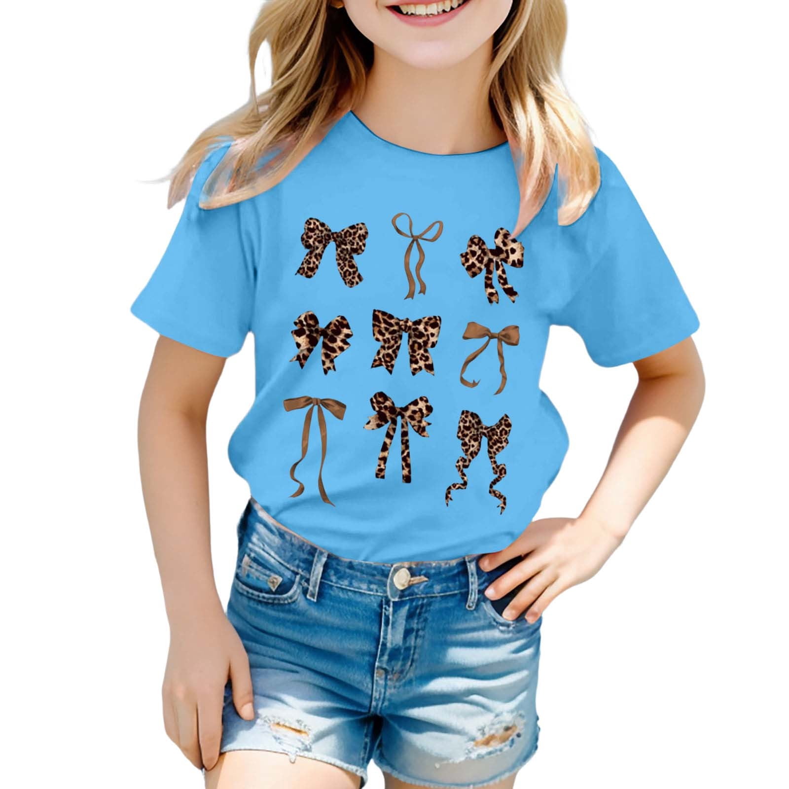 CONZONE Girls Summer Tops Short Sleeve Bow Graphic Tshirts For Girls ...
