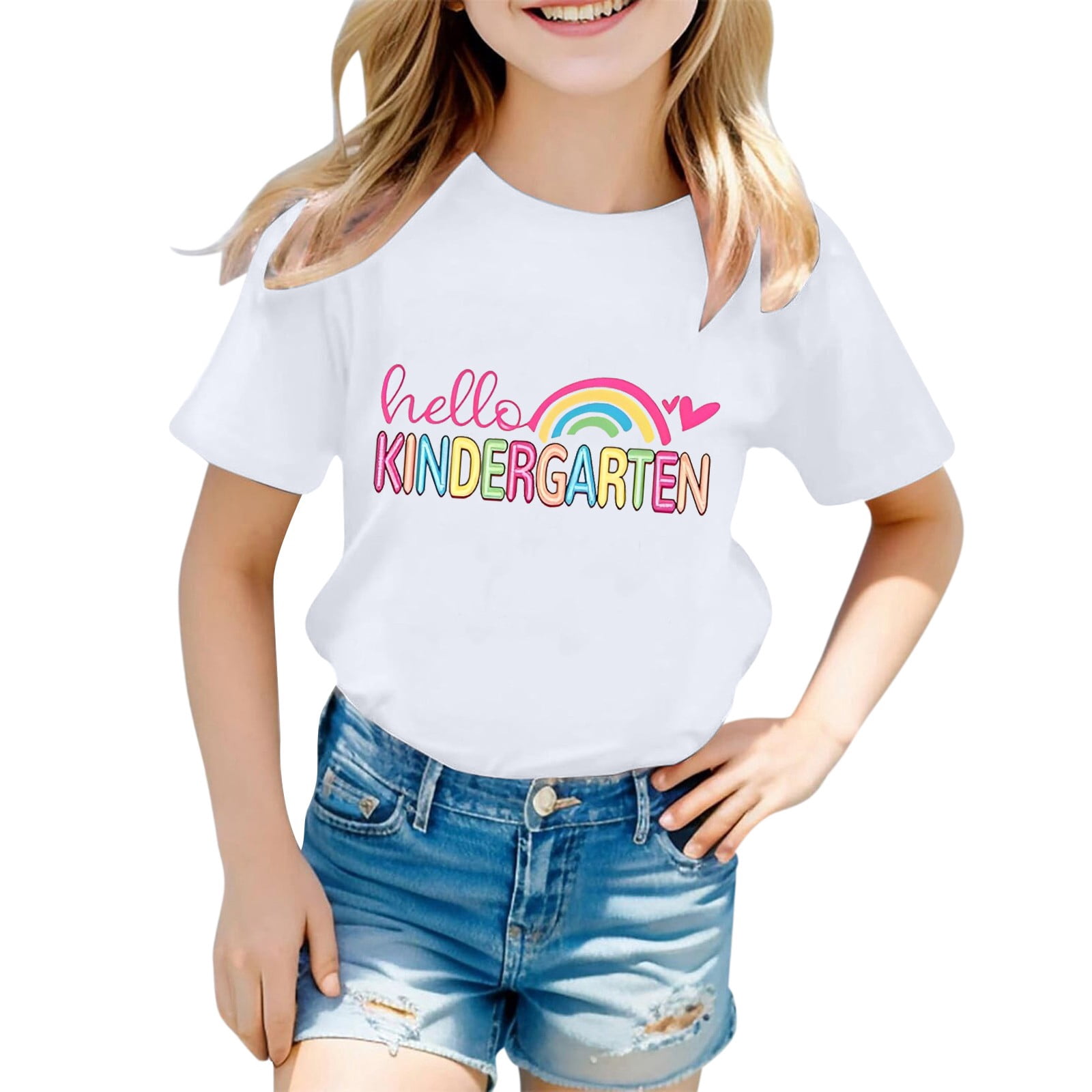 CONZONE Girls Summer Tops Short Sleeve Letter Rainbow Graphic Tshirts ...