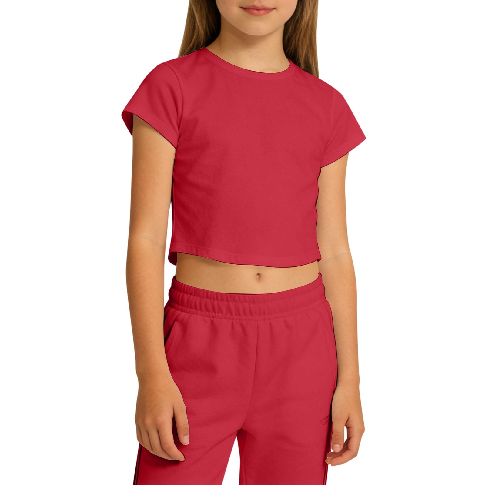 CONZONE Girls Summer Tops Short Sleeve Solid Color Crop Tops For Girls ...
