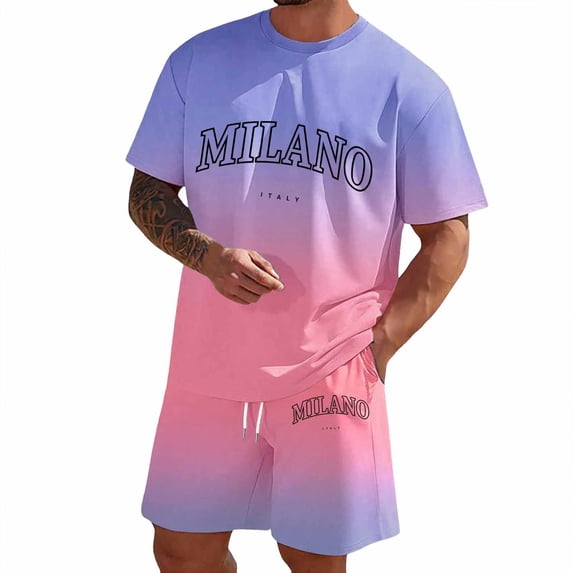 CONZONE Italy Day Men's 2 Pieces Outfits Gradient Color Short Sleeve T ...