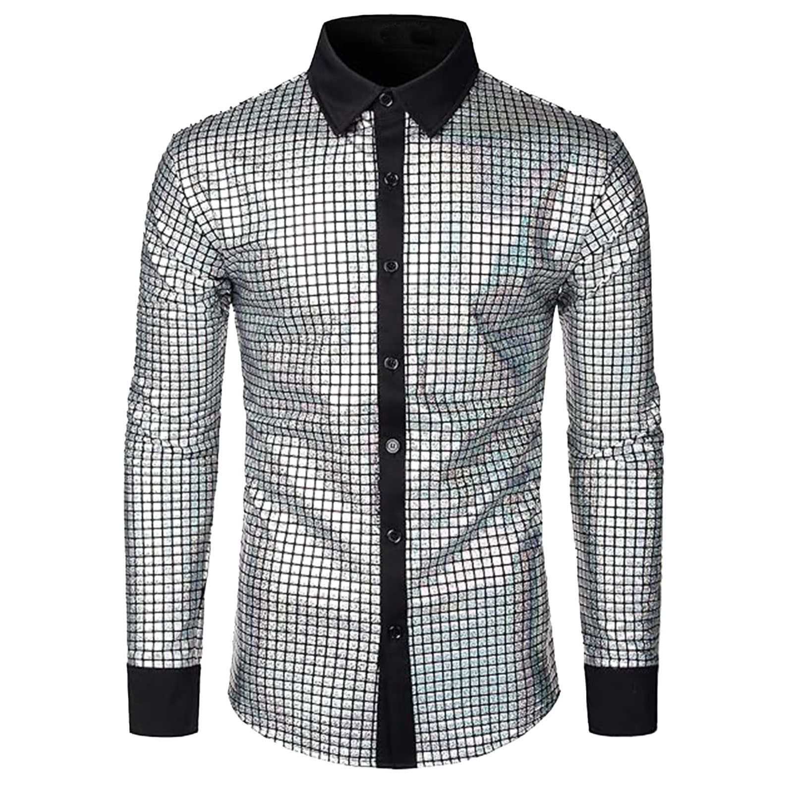 CONZONE Men's Buttons Down Sequins Shirts Long Sleeve Shirts For Men ...