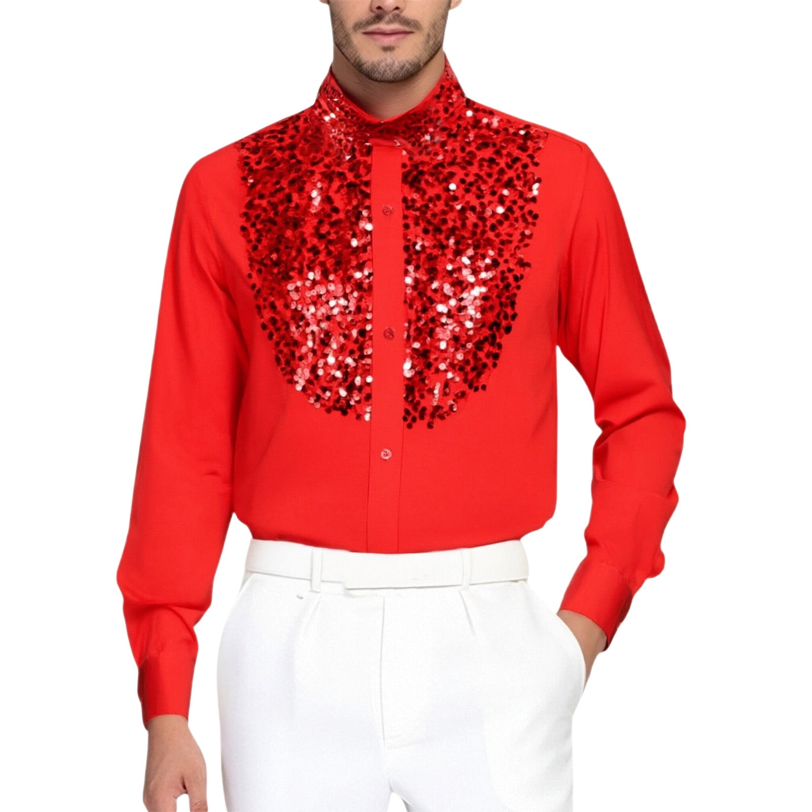 CONZONE Men's Buttons Down Sequins Shirts Long Sleeve Shirts For Men ...