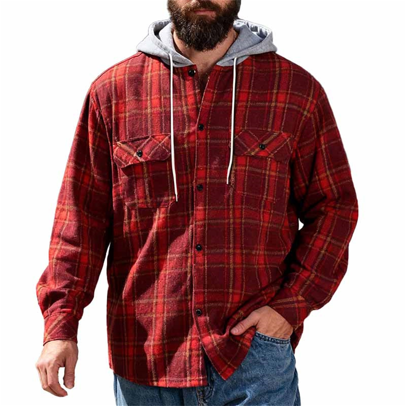CONZONE Men's Hoodies Plaid Hoodie For Men Long Sleeve Buttons Up ...