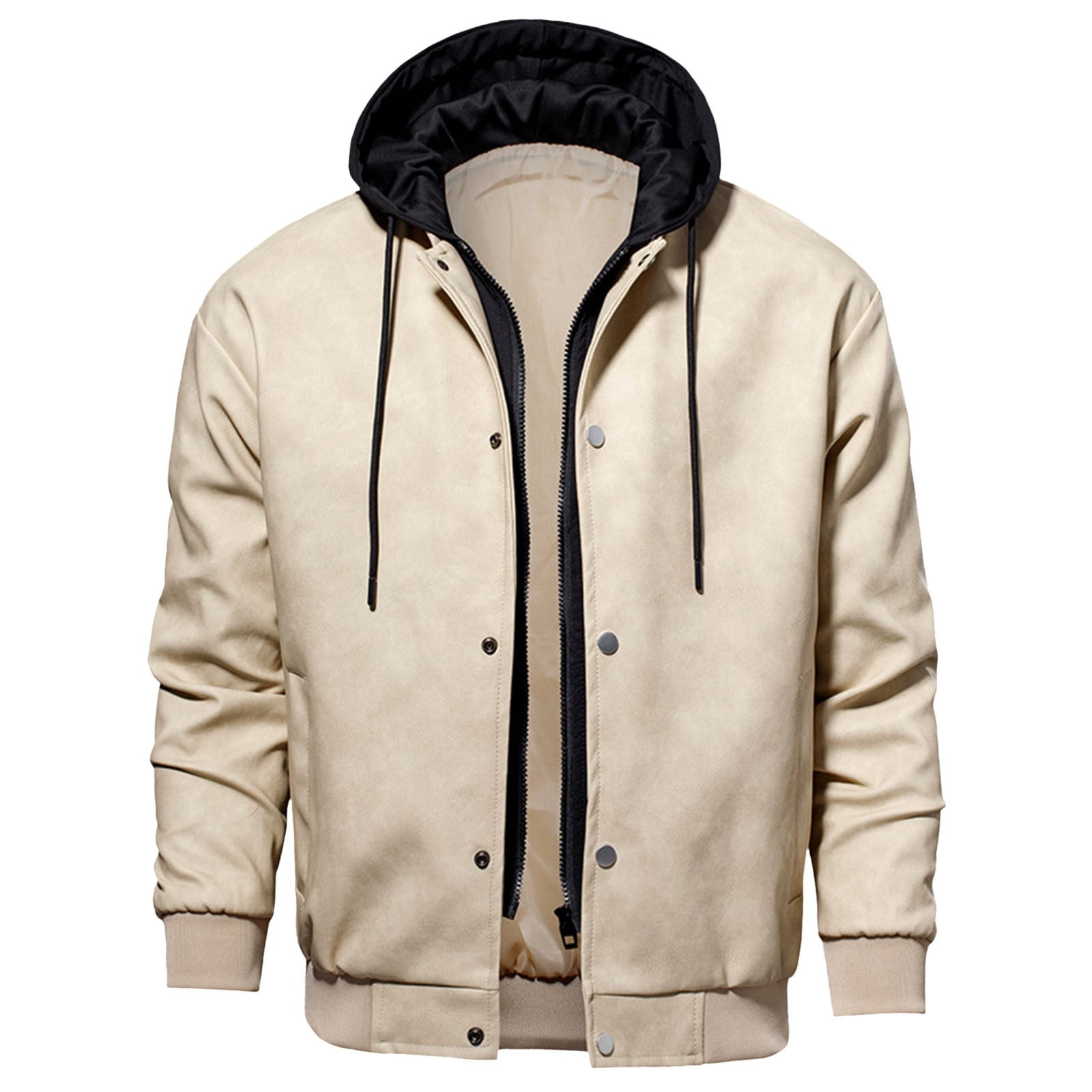 CONZONE Men's Hoodies Solid Color Pu Leather Jacket for Men Long Sleeve ...
