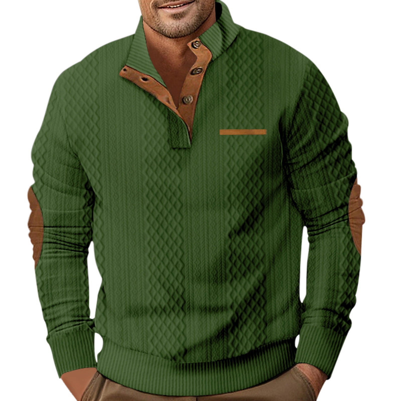 CONZONE Men's Sweatshirts Crewneck Sweatshirt for Men Solid Color Jacqiard Long Sleeve Buttons ...