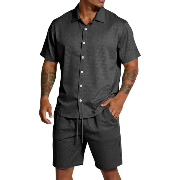CONZONE Mens 2 Peice Beach Outfits Solid Color Short Sleeve Buttons Up ...