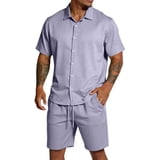 CONZONE Mens 2 Peice Beach Outfits Solid Color Short Sleeve Buttons Up ...