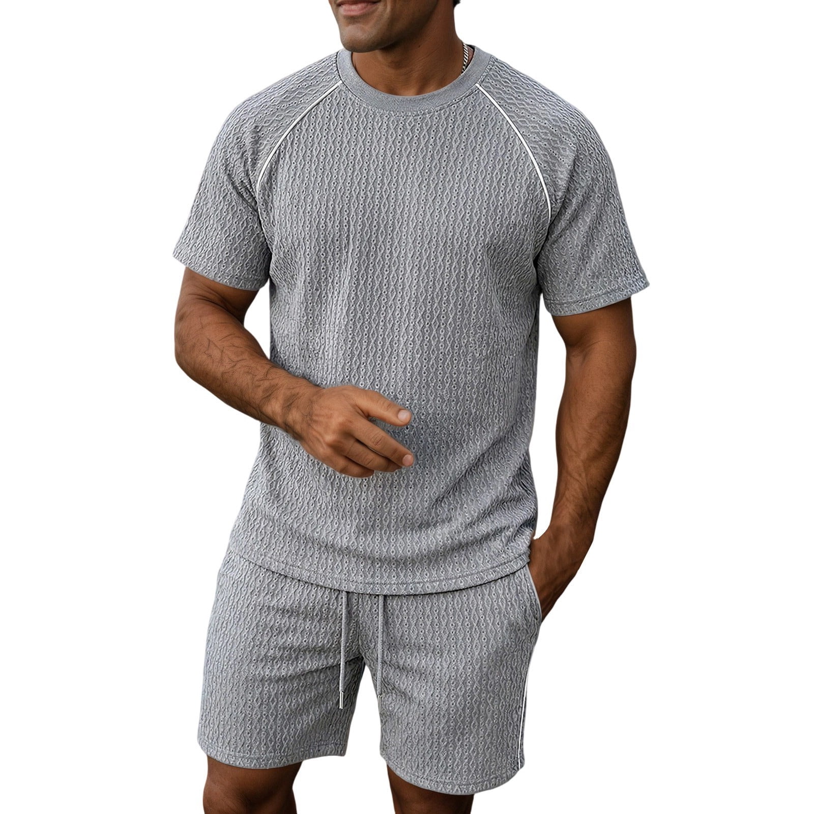 CONZONE Mens 2 Peice Short Set Jacquard Short Sleeve Workout Tshirt ...