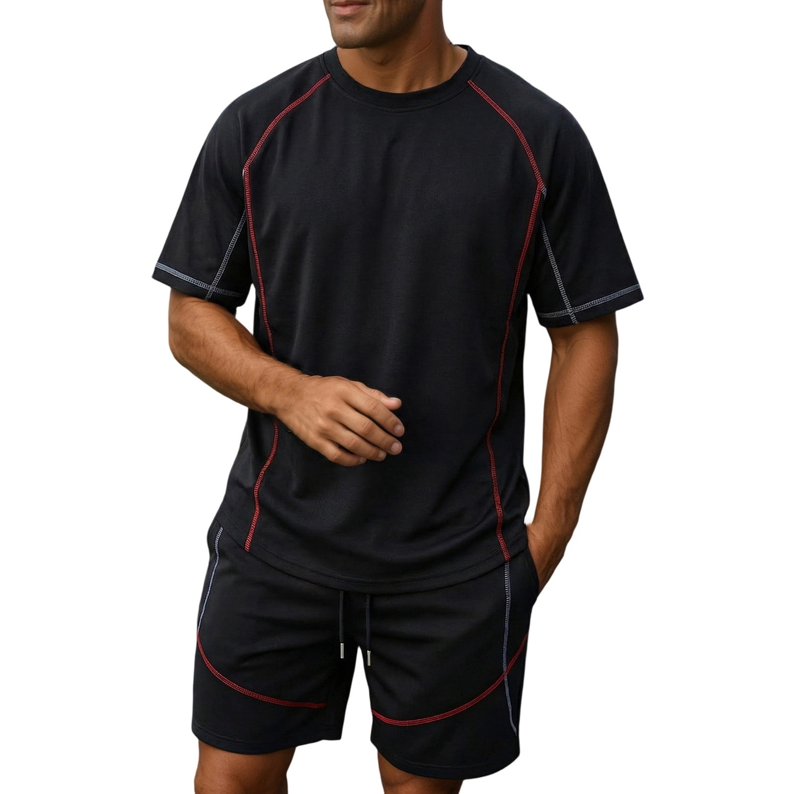 CONZONE Mens 2 Peice Short Set Solid Color Short Sleeve Workout Tshirt ...