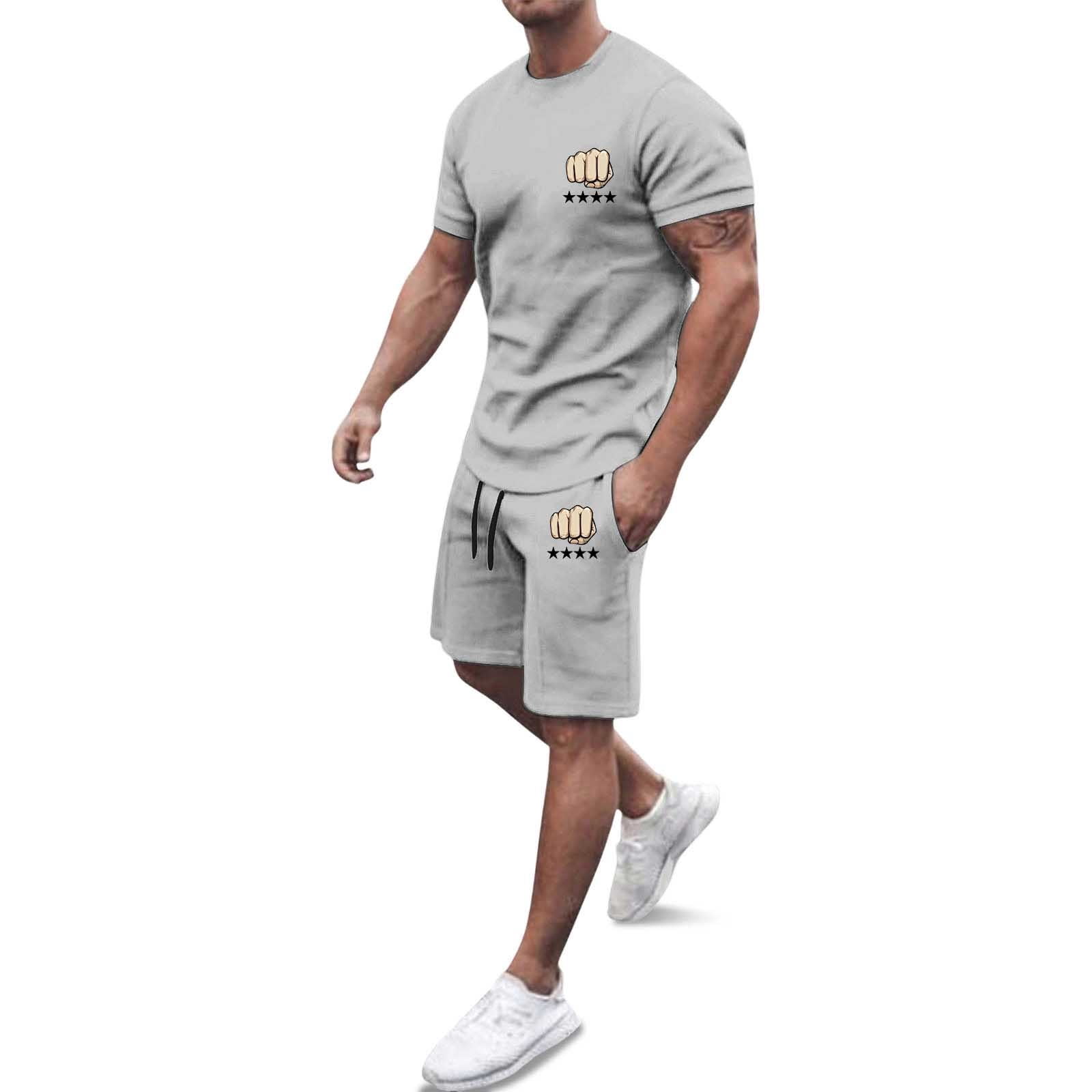 CONZONE Mens 2 Peice Track Suits Graphic Short Sleeve Workout Tshirt ...