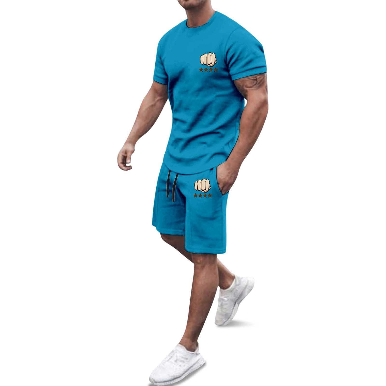 CONZONE Mens 2 Peice Track Suits Graphic Short Sleeve Workout Tshirt ...