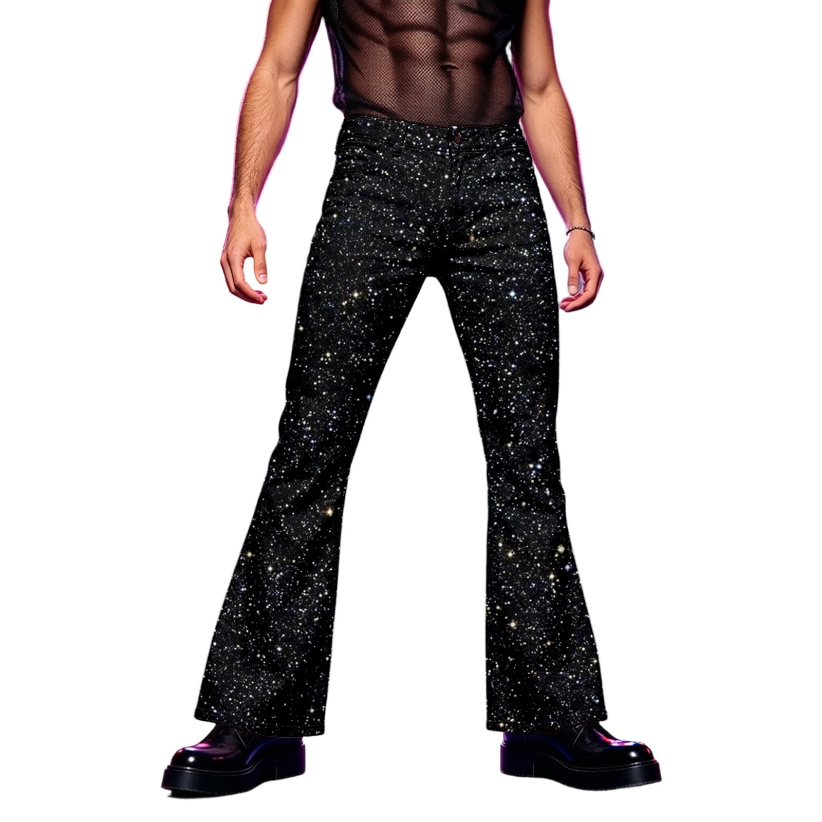 CONZONE Mens 70S Disco Flared Pants Metallic Glitter Pants for Men ...