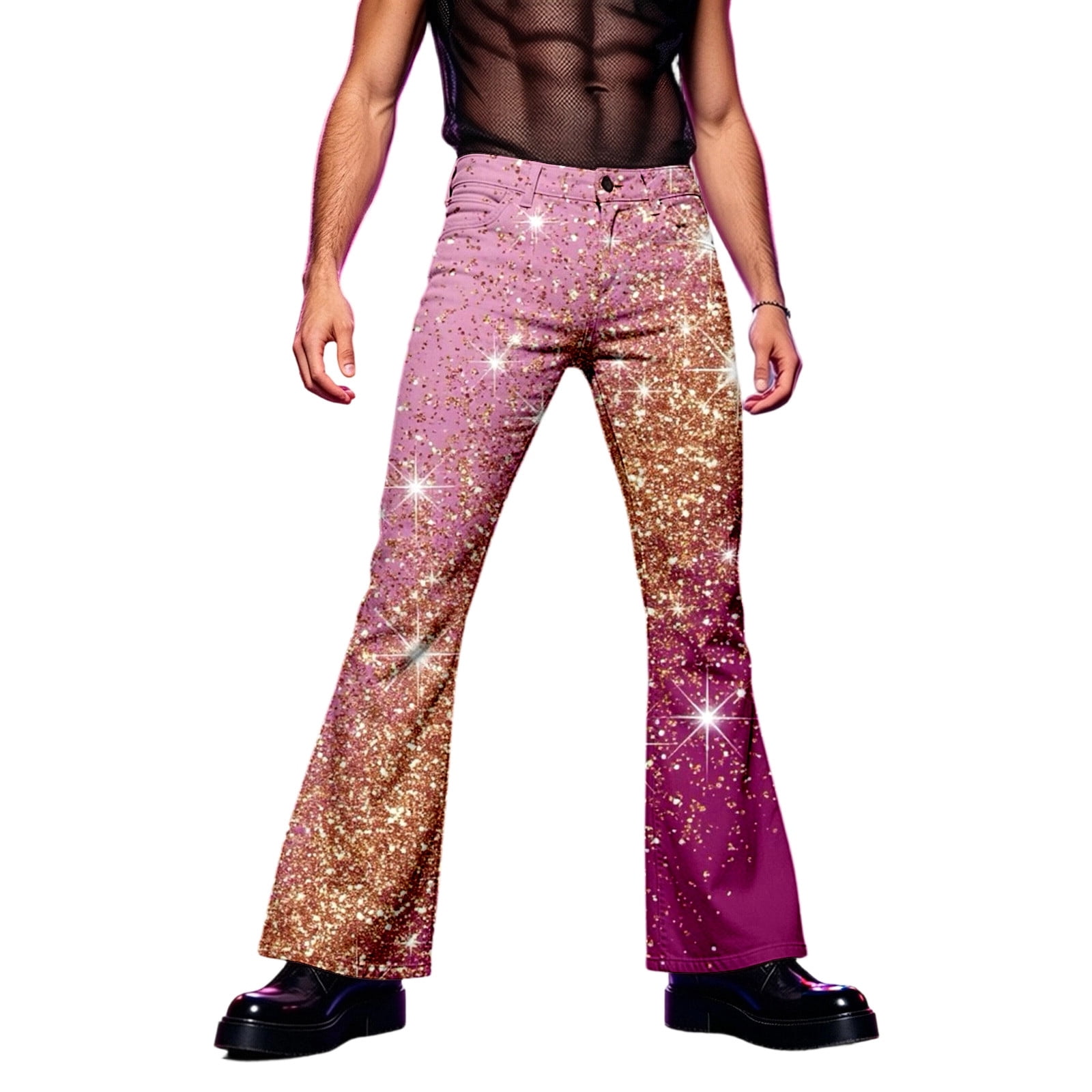 CONZONE Mens 70S Disco Flared Pants Metallic Glitter Pants for Men ...