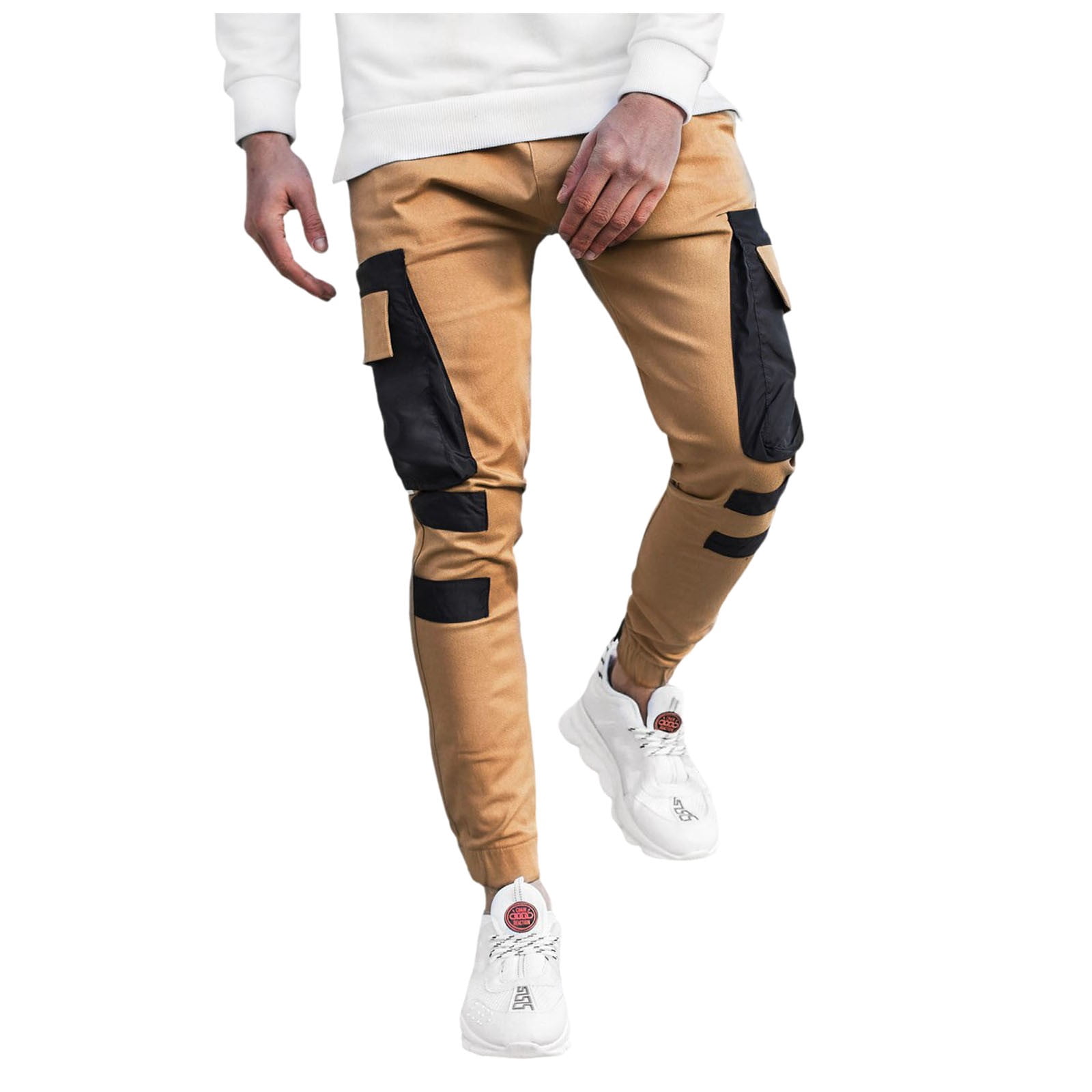 CONZONE Mens Baggy Cargo Pants Patchwork Color Elastic Waist Drawstring ...