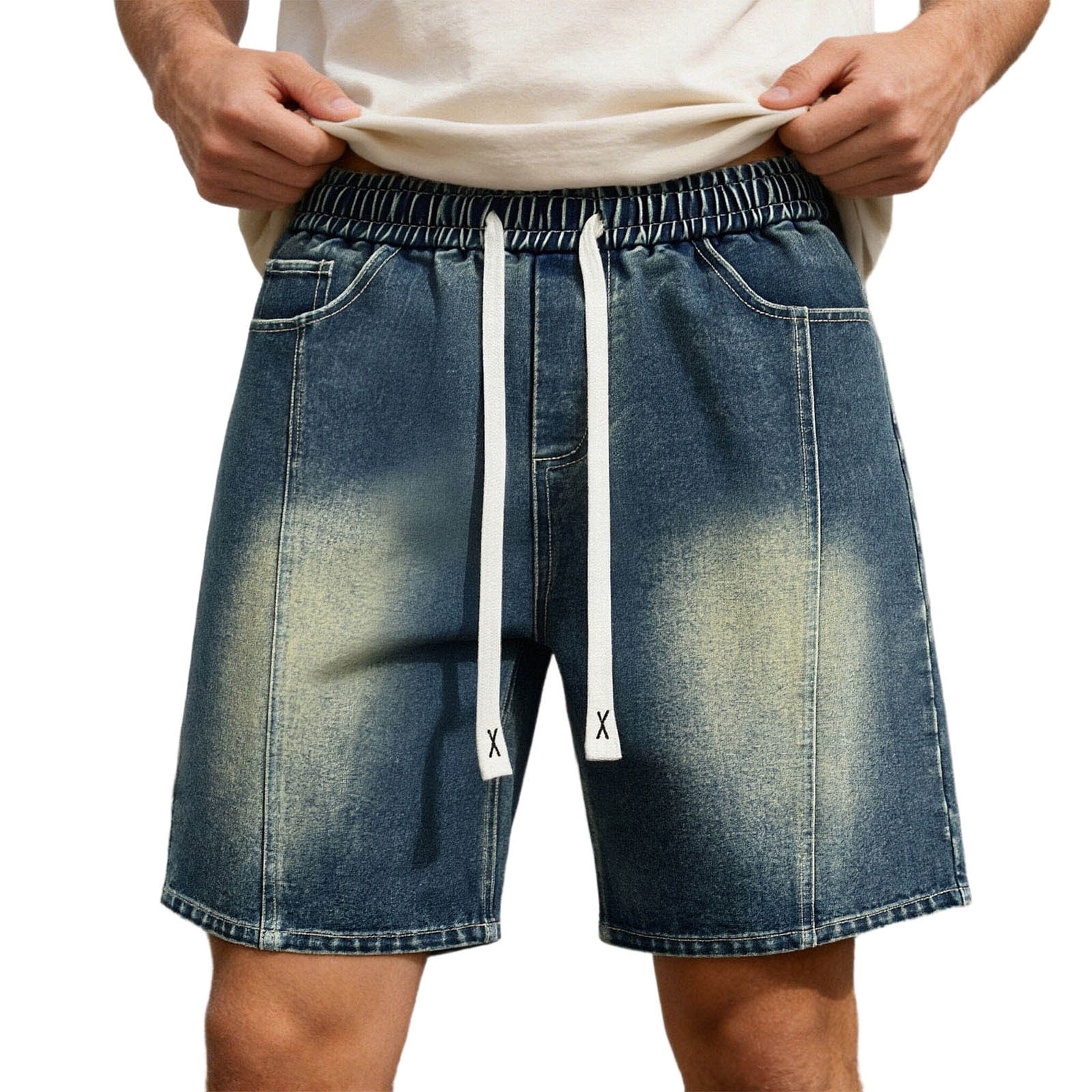 CONZONE Mens Casual Denim Shorts Elastic Waist Drawstring Short Jeans ...
