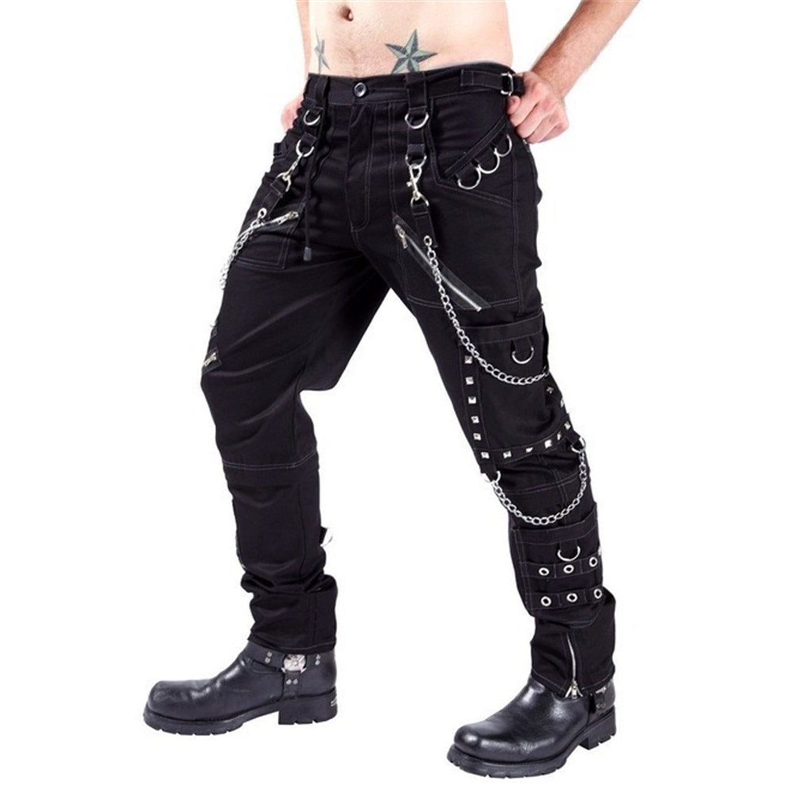 CONZONE Mens Gothic Pants Casual Punk Rock Buttons Cargo Shorts for Men ...