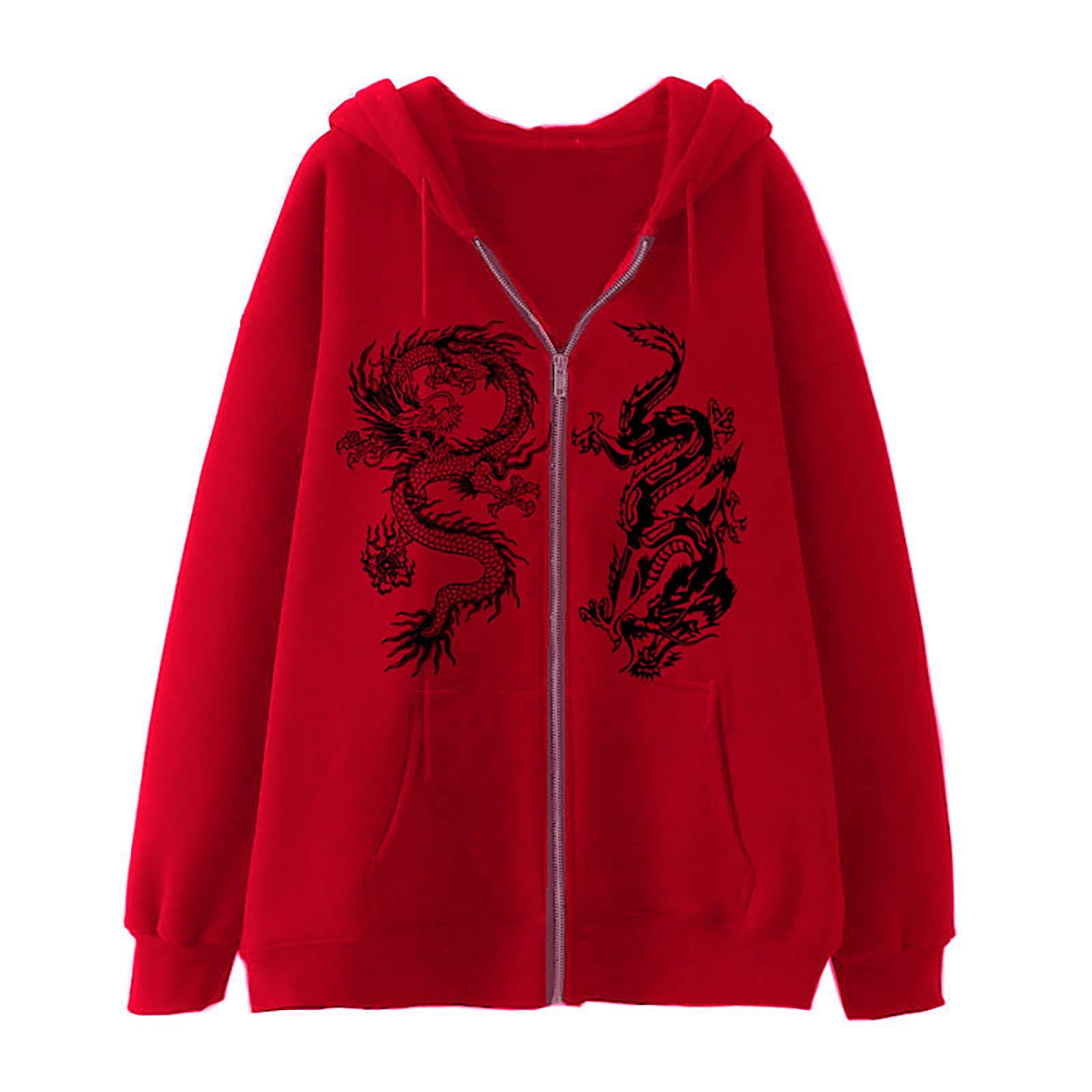 CONZONE Mens Hoodies Dragon Graphic Y2K Fleece Hoodie for Men Long ...