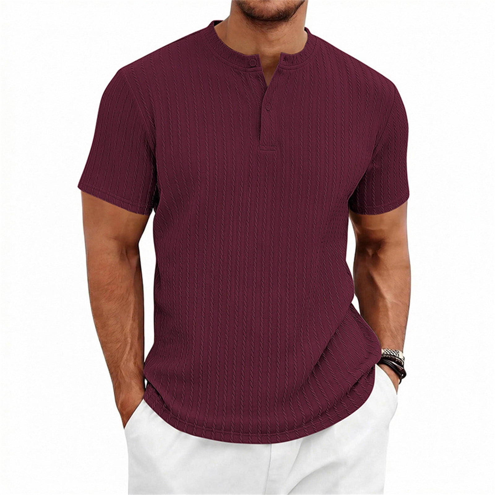CONZONE Mens T-Shirt Short Sleeve Crew Neck Solid Color Button Down ...