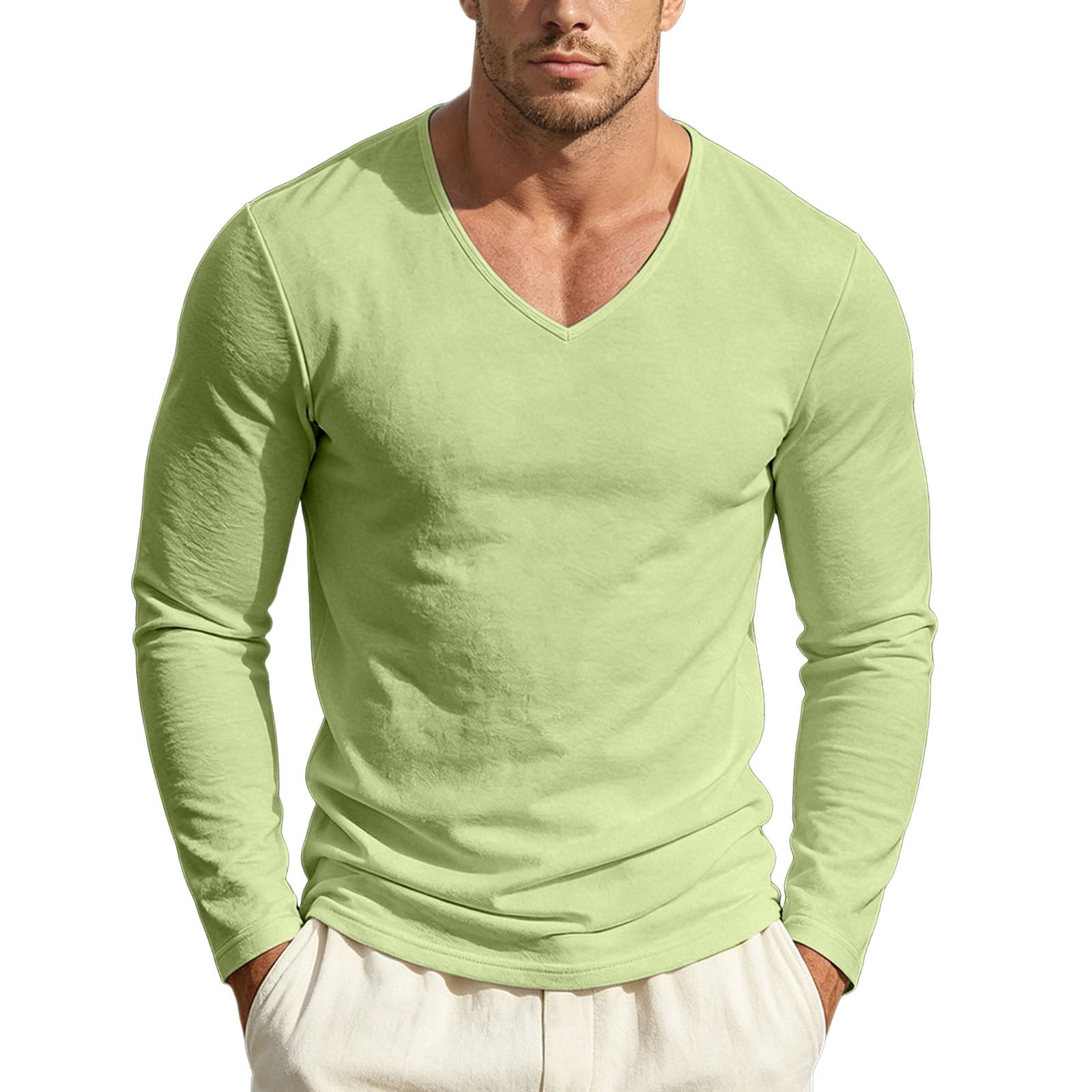 CONZONE Mens T Shirt Summer Solid Color V Neck Long Sleeve Fashion ...