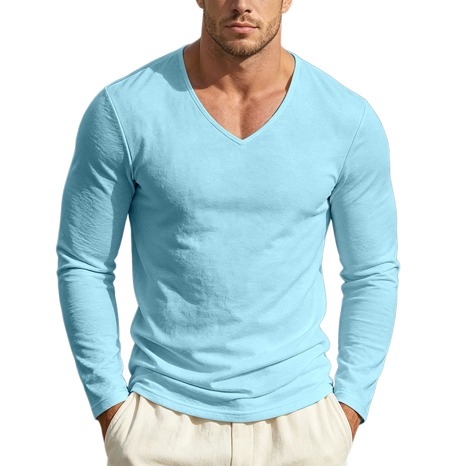 CONZONE Mens T Shirt Summer Solid Color V Neck Long Sleeve Fashion ...