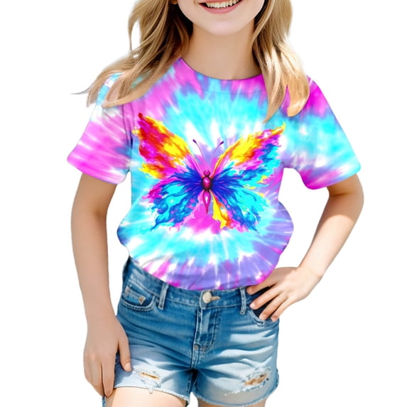 CONZONE Summer Tops For Girls Short Sleeve Butter Graphic Tie Dye ...