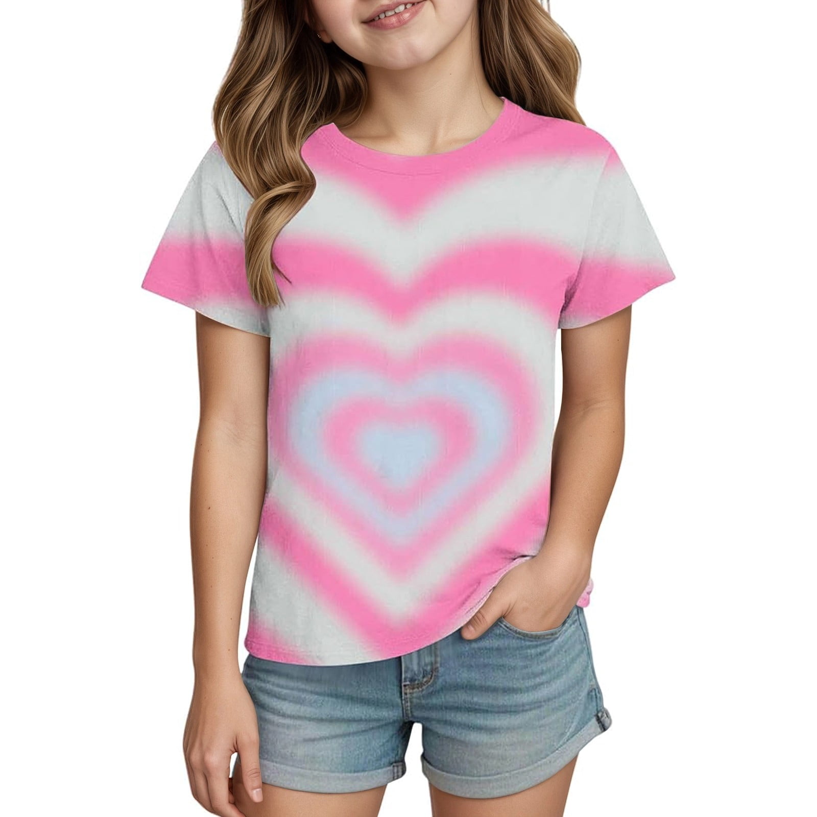 CONZONE Summer Tops For Girls Short Sleeve Heart Print Tshirts For ...