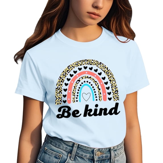 CONZONE Summer Tops For Girls Short Sleeve Letter Rainbow Print Tshirts ...