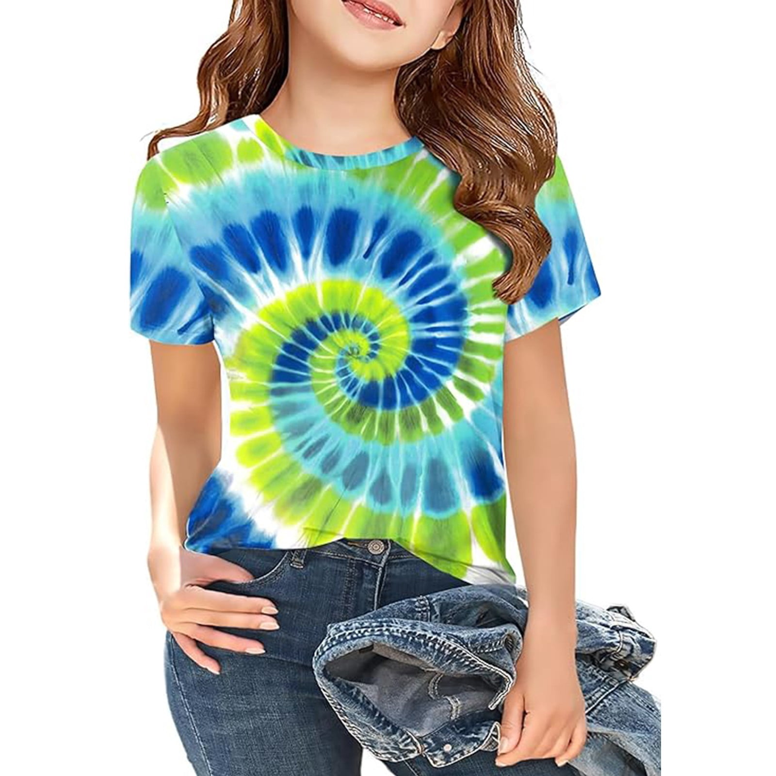 CONZONE Summer Tops For Girls Short Sleeve Tie Dye Tshirts For Girls ...