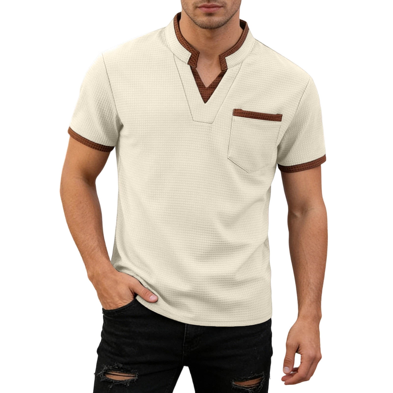 CONZONE T-Shirts For Men With Pocket Short Sleeve V Neck Solid Color ...