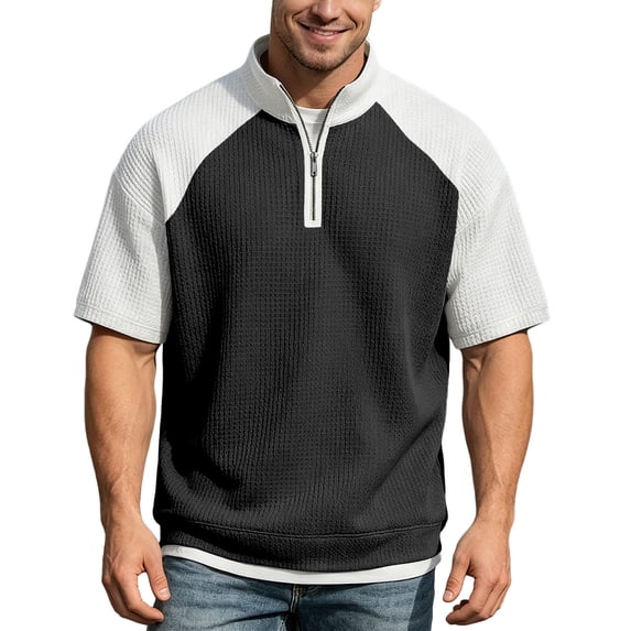 CONZONE T-Shirts For Men With Zipper Crew Neck Short Sleeve Color Block ...