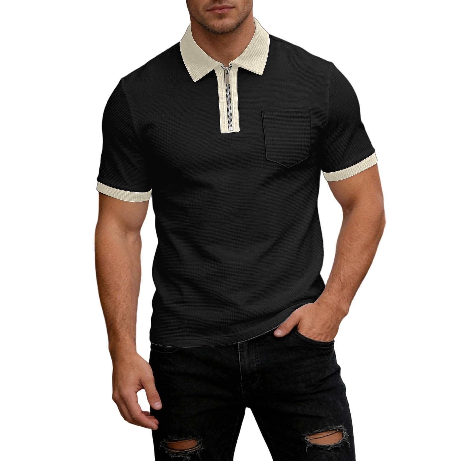 CONZONE T Shirts For Men With Zipper Short Sleeve Lapel Solid Color For ...