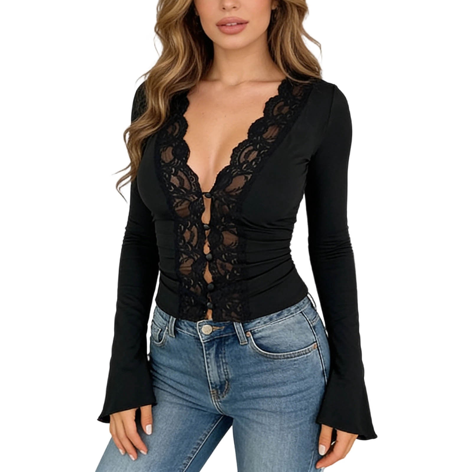 CONZONE T Shirts For Women Lace V Neck Long Sleeve Womens Shirts Solid ...