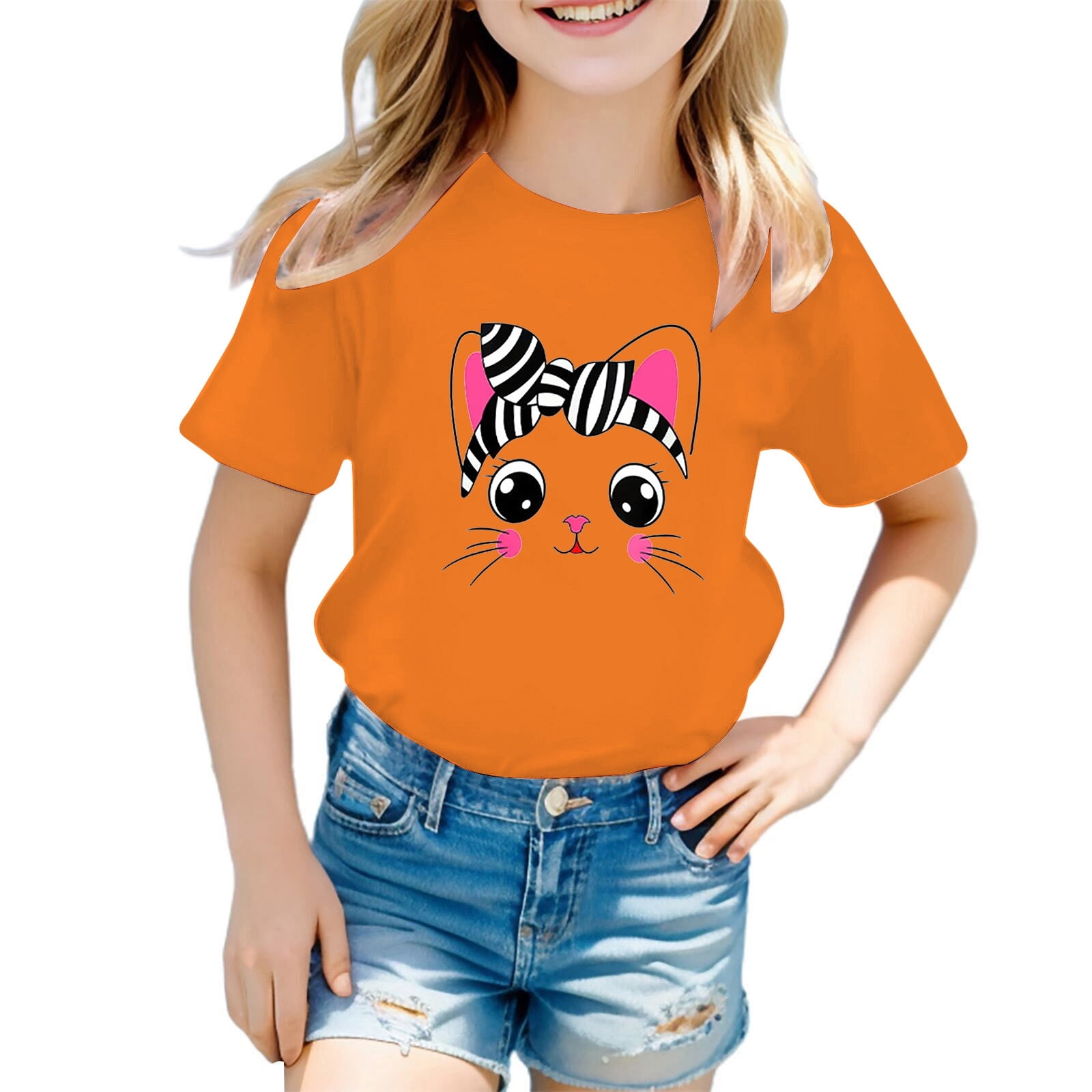 CONZONE Toddler Girls Short Sleeve Tshirts Cartoon Cat Graphic Tee ...