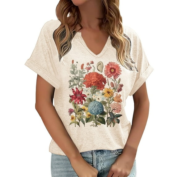 CONZONE Women's T-Shirts Short Sleeve T-Shirts for Women Trendy Floral ...