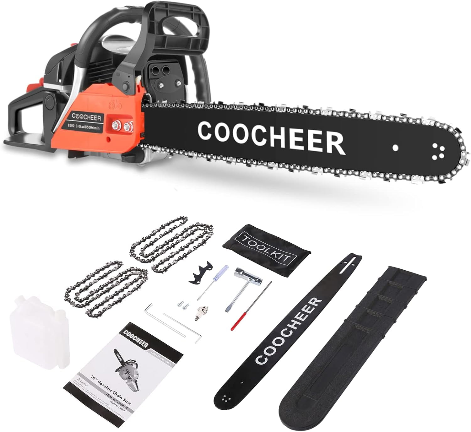 COOCHEER 62CC Gas Chainsaw with 20-Inch Bar, 2 Chains, and 3.5HP Engine ...
