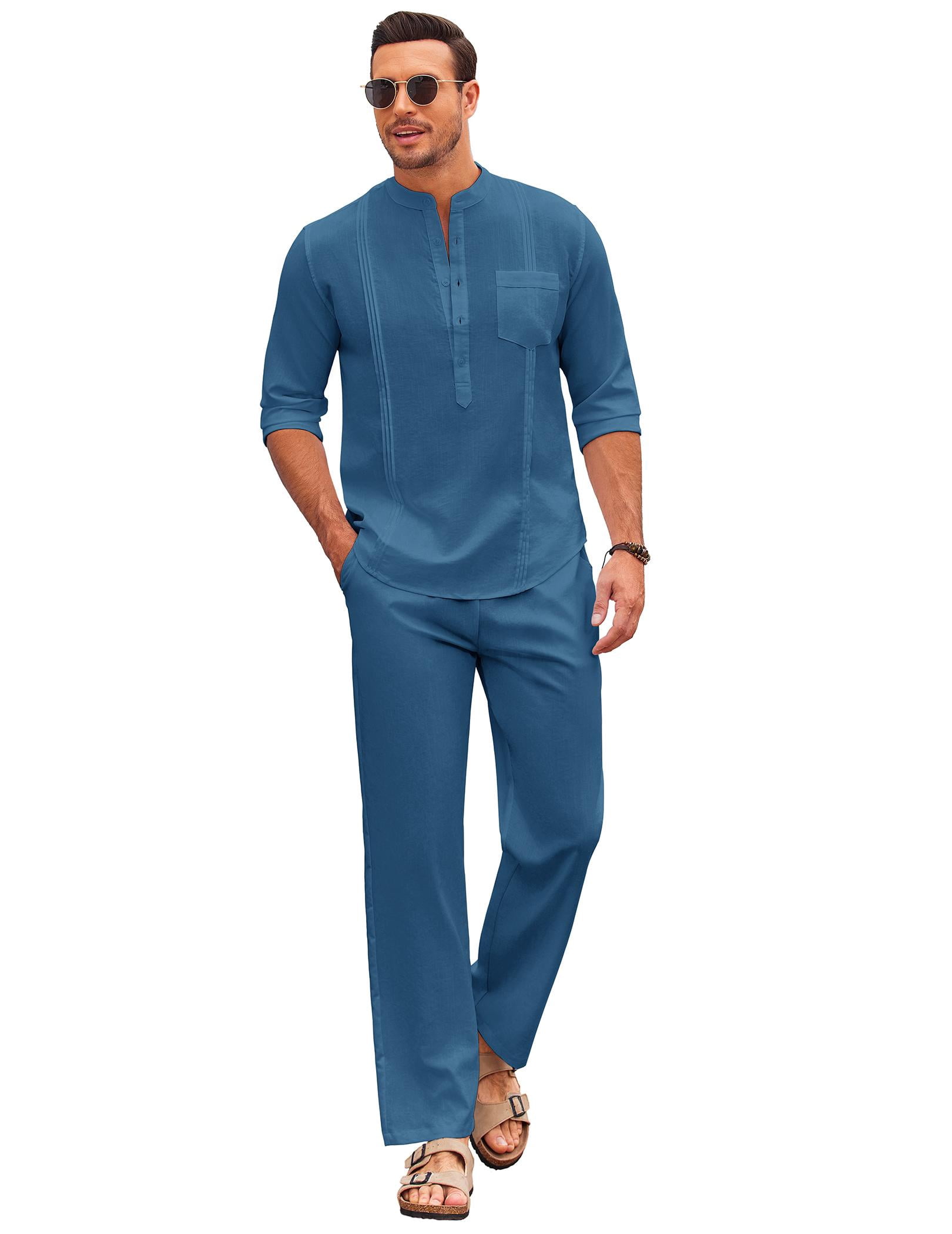COOFANDY Linen Sets For Men 2 Piece Button Down Henley Shirt and Casual ...