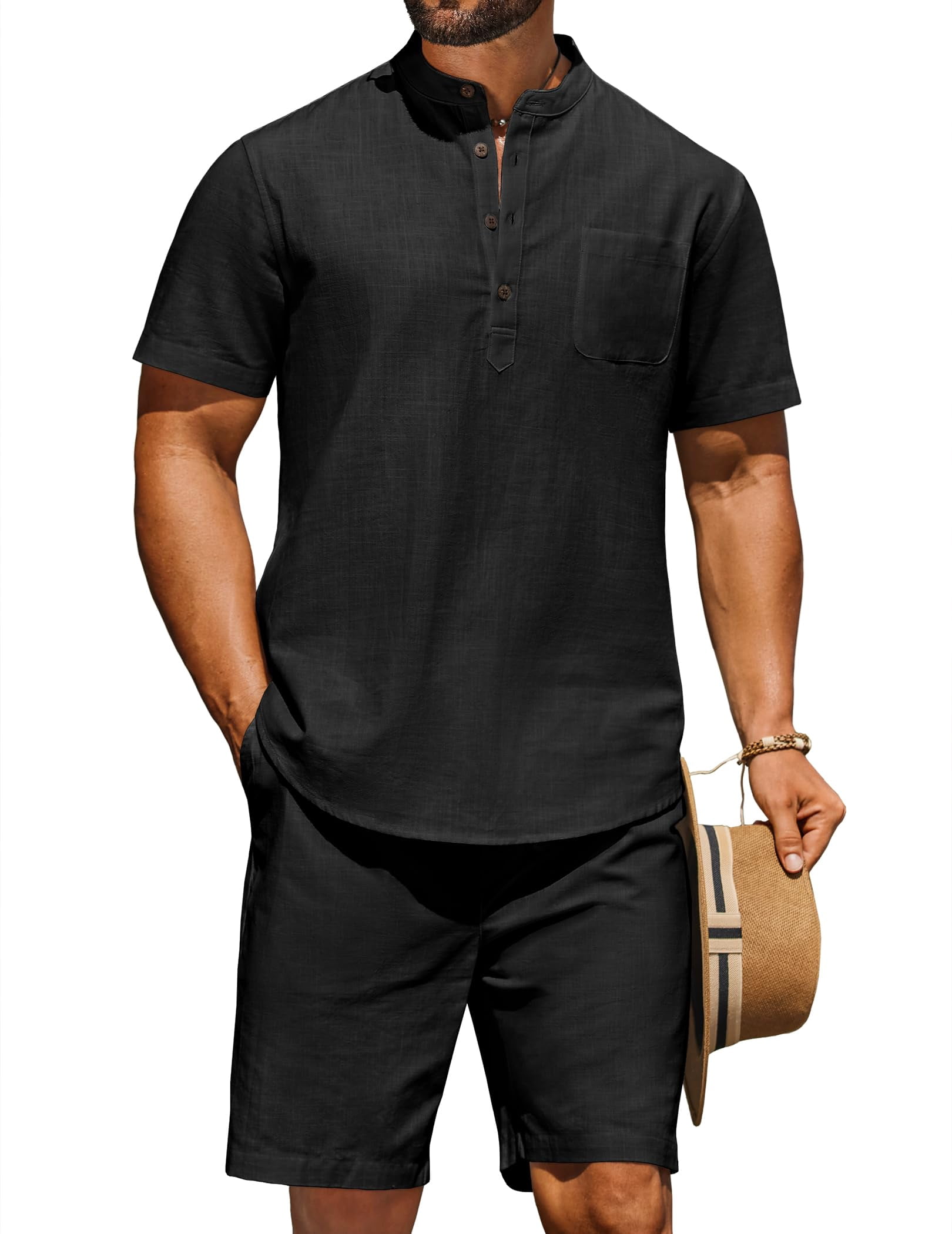 COOFANDY Men 2 Piece Linen Outfit Beach Henley Shirt and Casual Loose ...