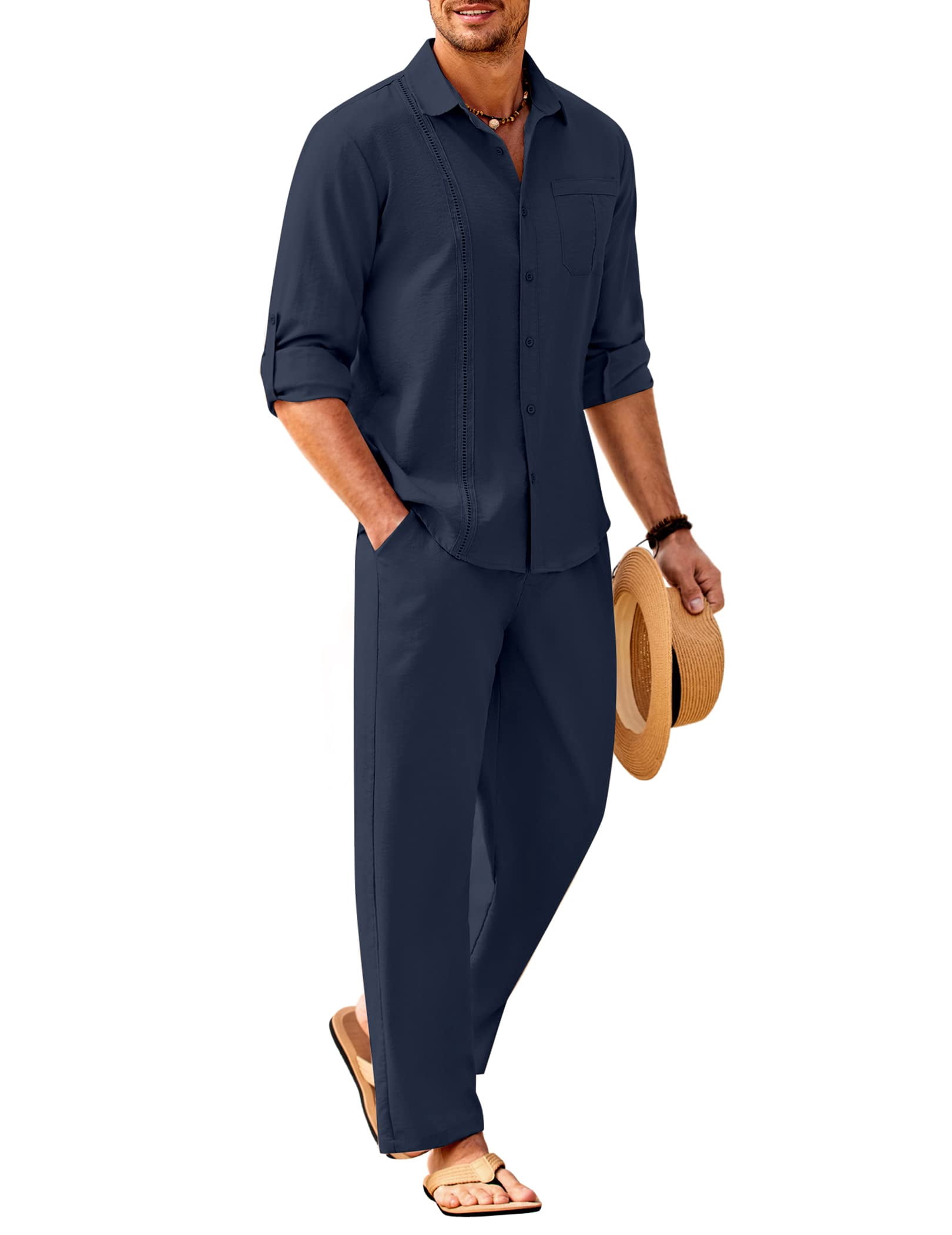 COOFANDY Men 2 Piece Linen Set Outfits Button Up Shirts and Pants Sets ...