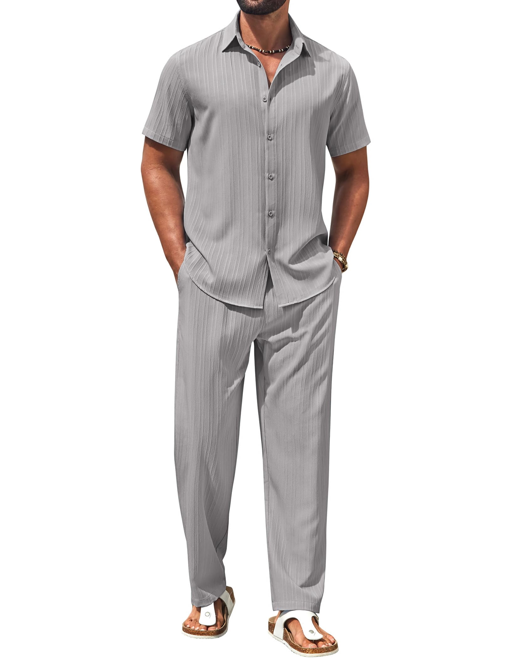 COOFANDY Men' 2 Piece Outfits Casual Summer Short Sleeve Button Down ...
