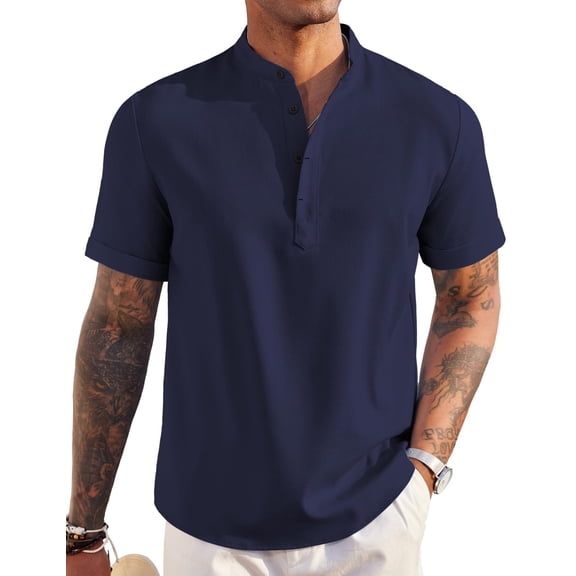 Dovford Mens Casual Henley Shirt Short Sleeve Band Collar Textured ...